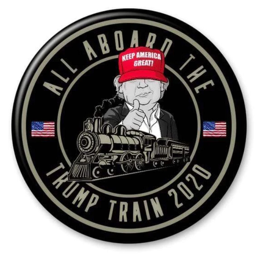 All Aboard The Trump Train 2020 - Campaign Button at Sticker Shoppe