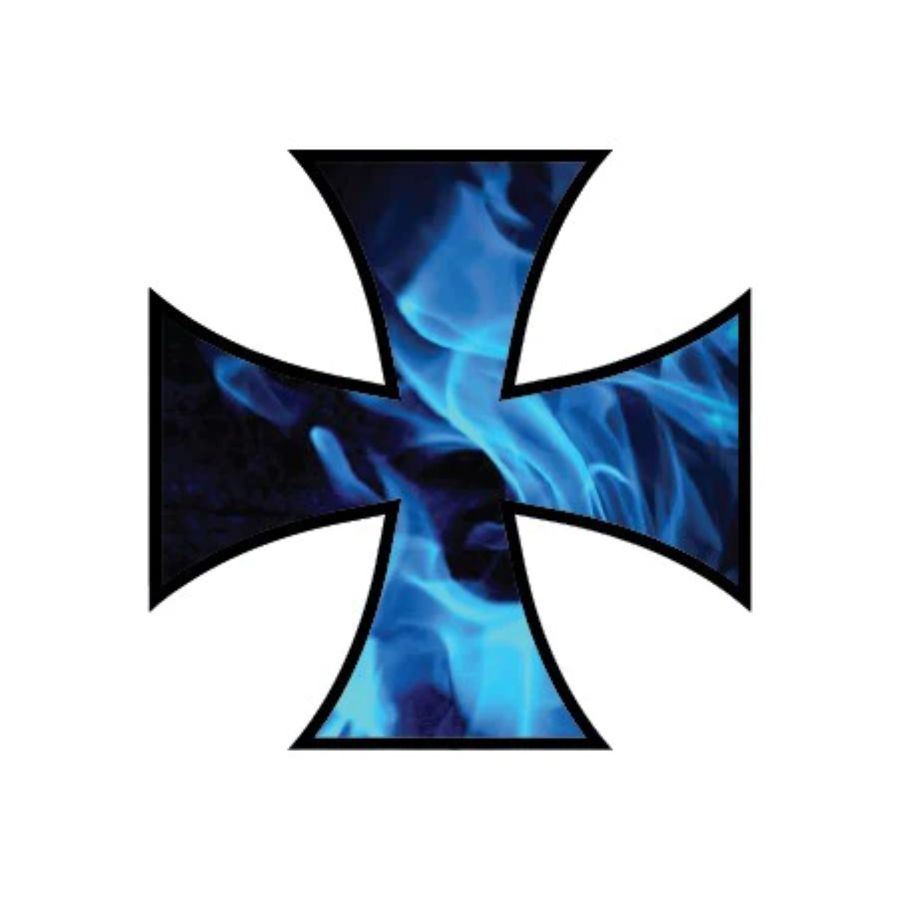 Blue Fire & Flames Iron Cross - Reflective Sticker at Sticker Shoppe