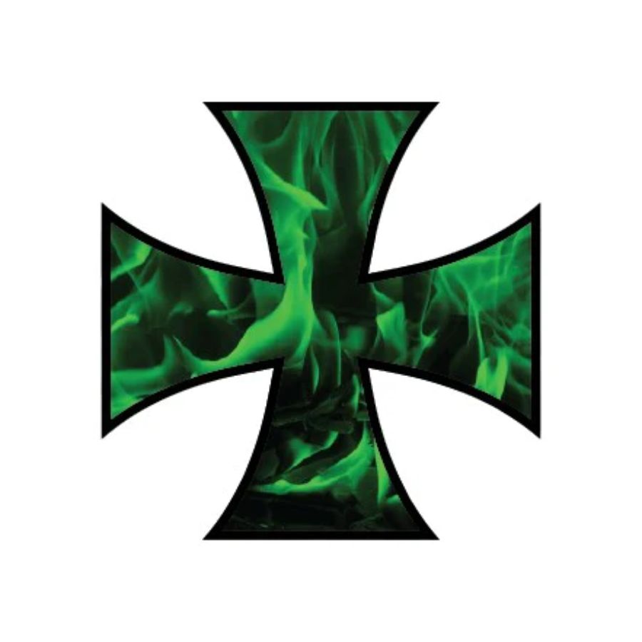 Green Fire & Flames Iron Cross - Reflective Sticker at Sticker Shoppe