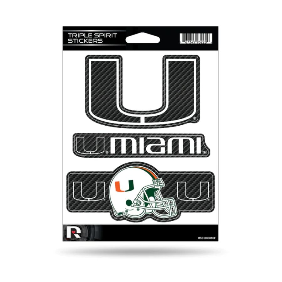 University Of Miami Hurricanes - Sheet Of 3 Carbon Fiber Triple Spirit ...