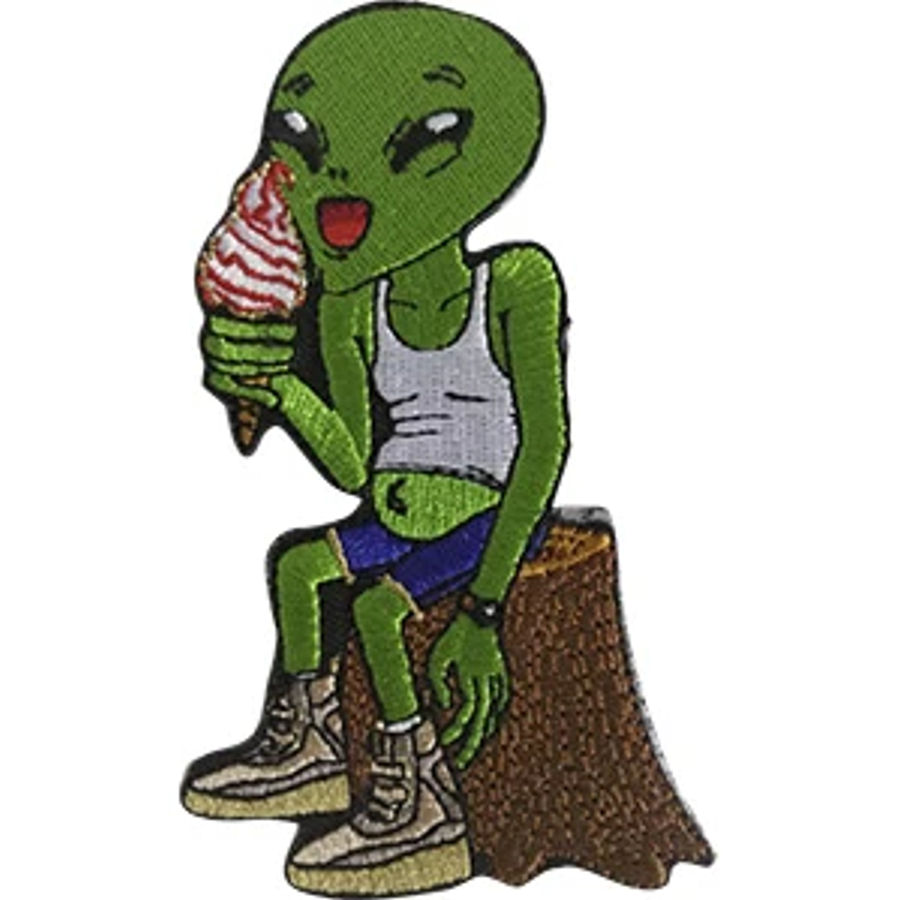 Green Alien With Ice Cream - Embroidered Iron-On Patch at Sticker Shoppe