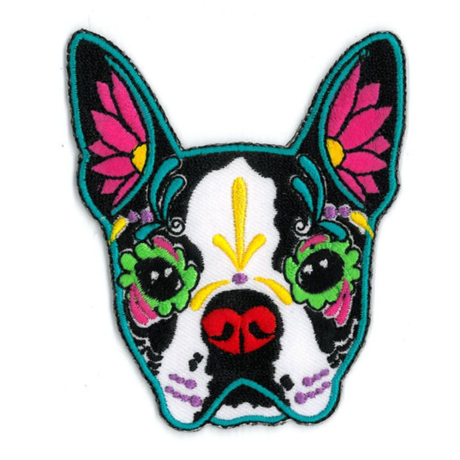 Cali's Boston Terrier Sugar Skull Dog Head - Embroidered Iron-On Patch ...