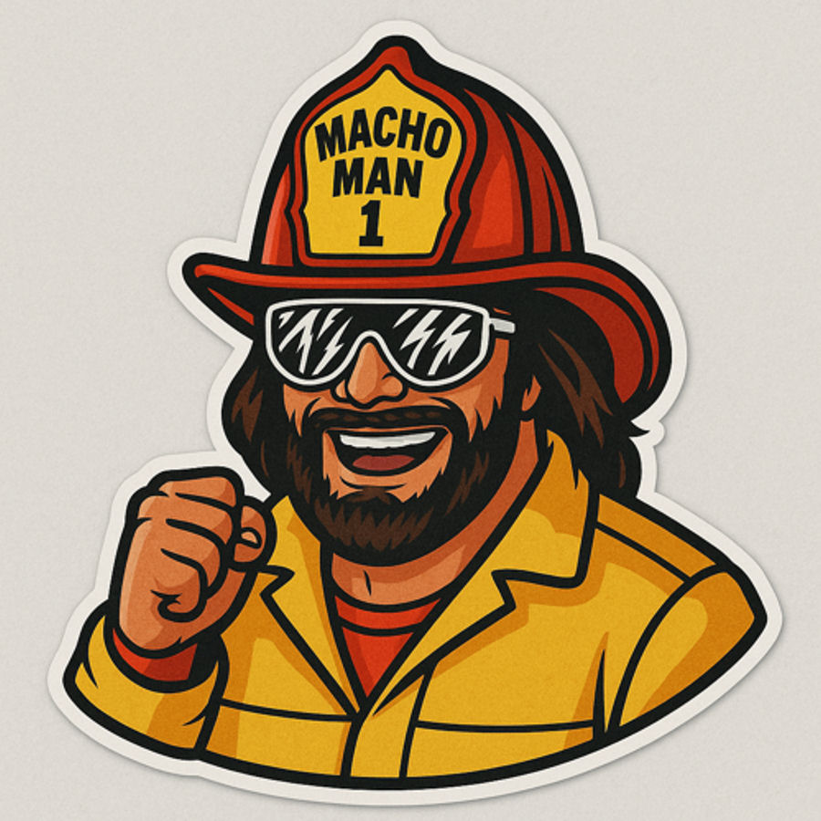 Randy Savagae Macho Man Firefighter - Vinyl Sticker at Sticker Shoppe