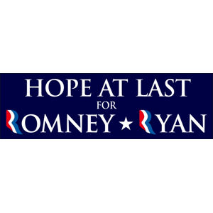 Hope At Last For Romney Ryan - Bumper Sticker at Sticker Shoppe