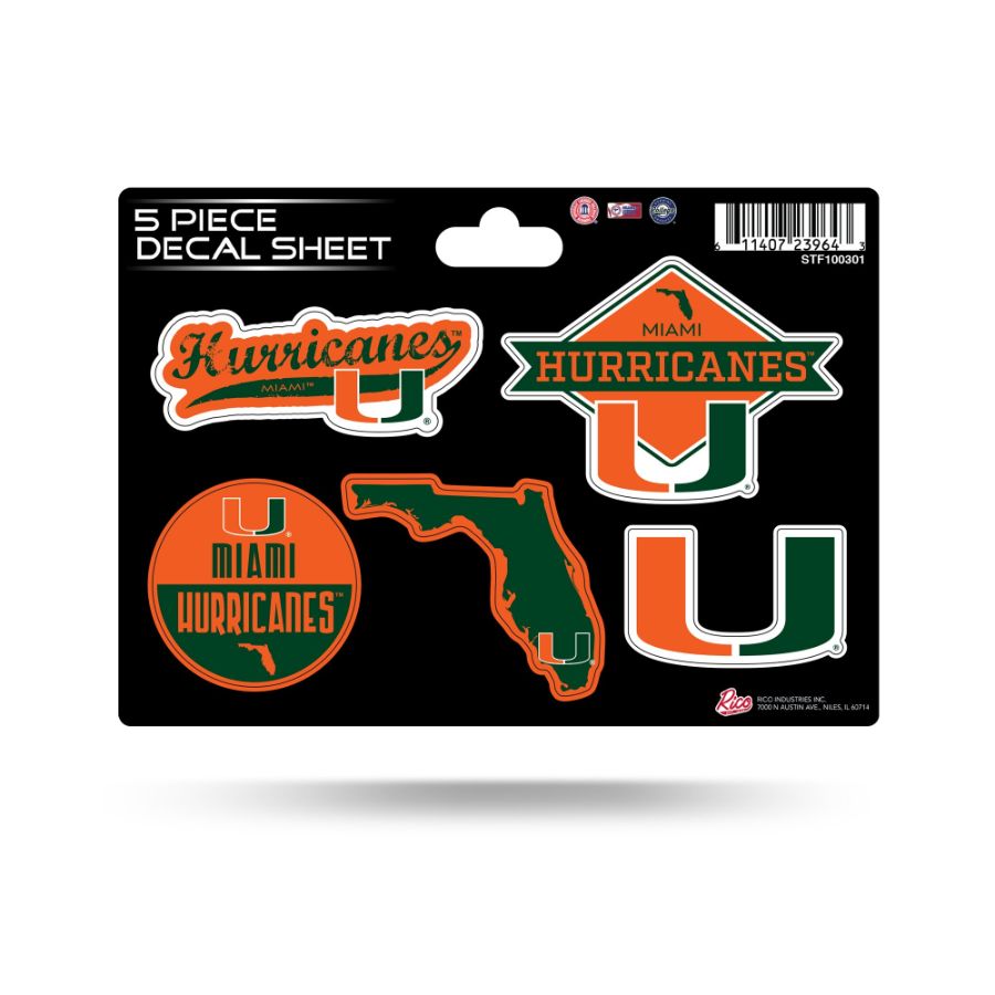 University Of Miami Hurricanes - 5 Piece Sticker Sheet at Sticker Shoppe