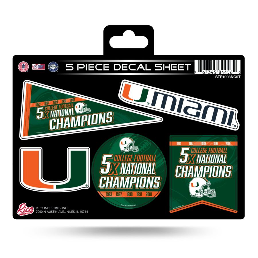 Miami Hurricanes 5 Time College Football Champions - 5 Piece Sticker ...